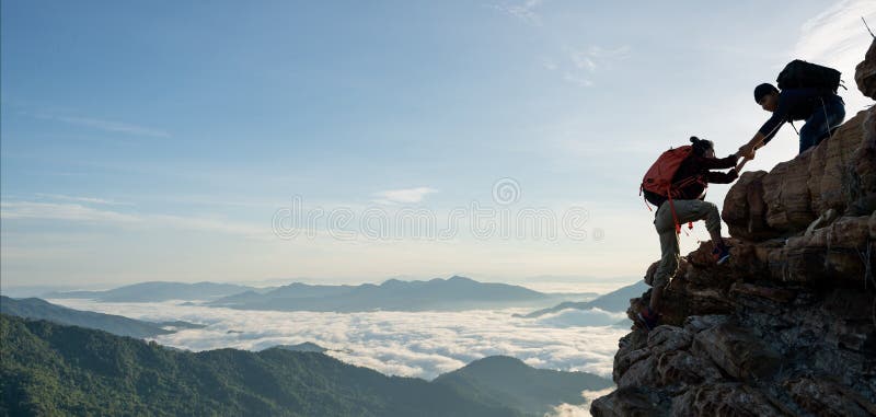 Asian Hiking Help Each Other on Mountains Stock Photo - Image of hiker ...