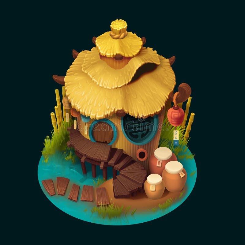 Asian House Standing on a Grassy Swamp in Isometric Projection Stock ...