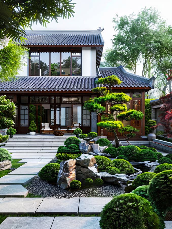 Asian House with Stone and Greenery Stock Image - Image of botanical ...
