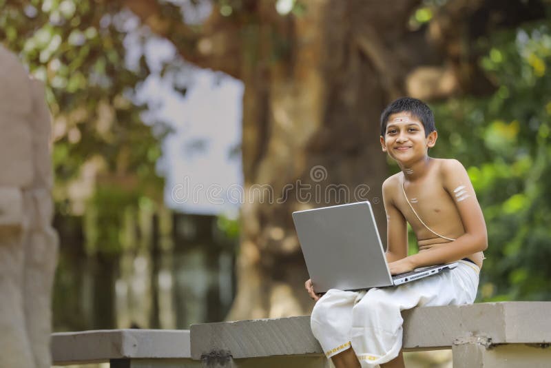 Asian Indian Boy Learning on Laptop, E-learning Concept , Study from ...
