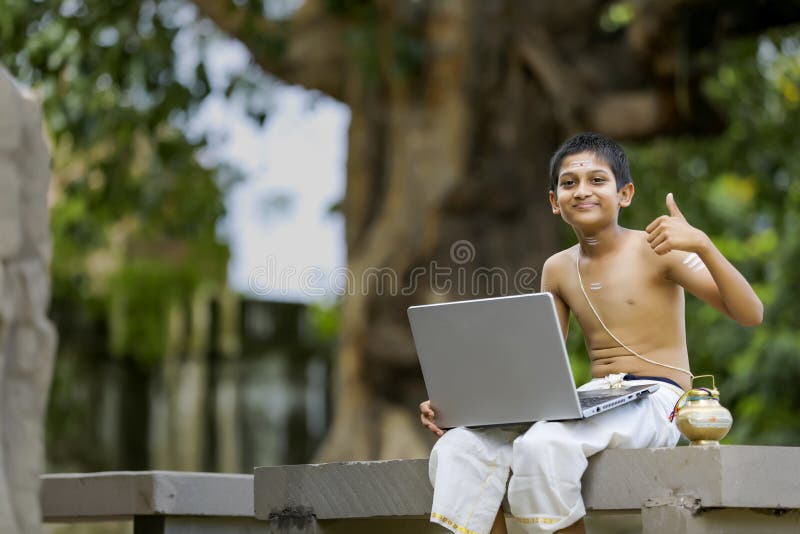 Asian Indian Boy Learning on Laptop, E-learning Concept , Study from ...