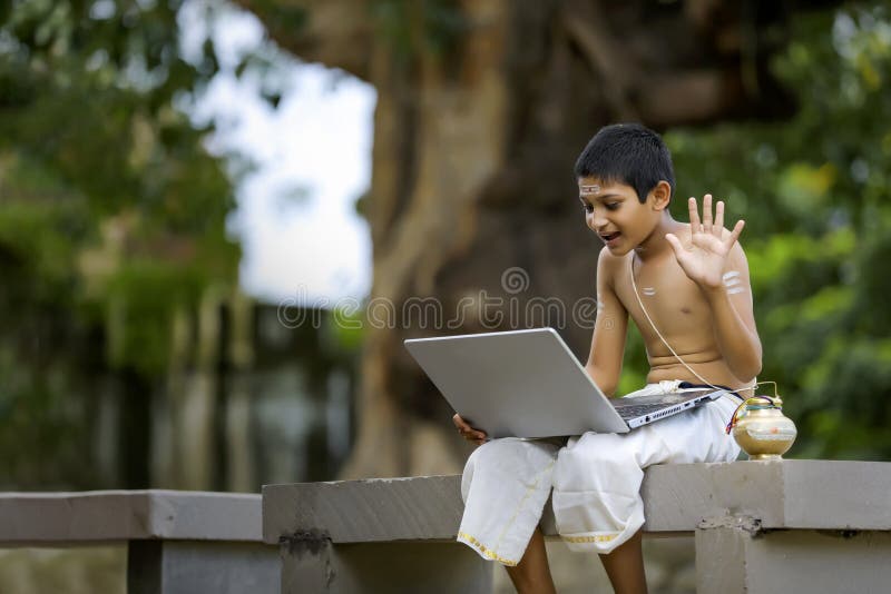 Asian Indian Boy Learning on Laptop, E-learning Concept , Study from ...