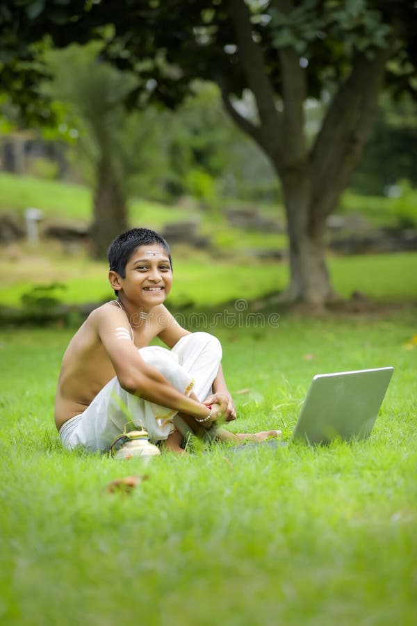 Asian Indian Boy Learning on Laptop, E-learning Concept , Study from ...