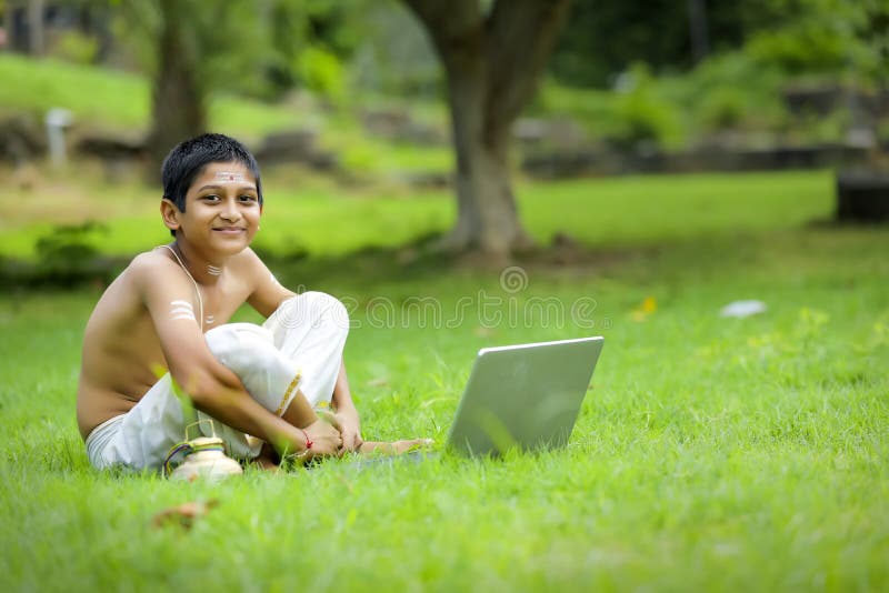 Asian Indian Boy Learning on Laptop, E-learning Concept , Study from ...