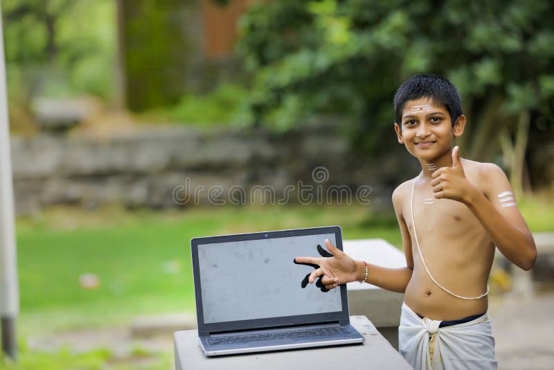 Asian Indian Boy Showing Laptop Screen Stock Image - Image of display ...