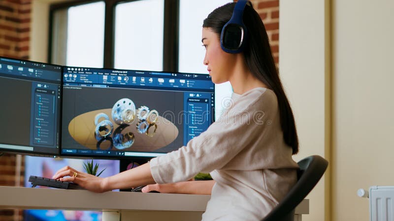 Asian Industrial Designer Puts Headset on and Works with 3D Rendering Software Stock Photo ...