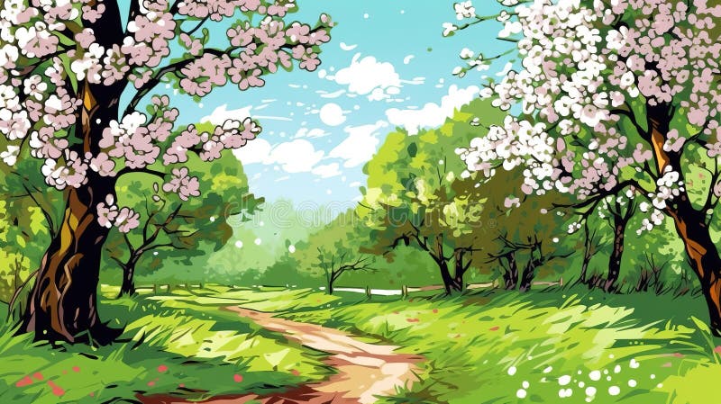 Asian Inspired Cartoon Artwork of a Small Path in a Cherry Tree Forest ...