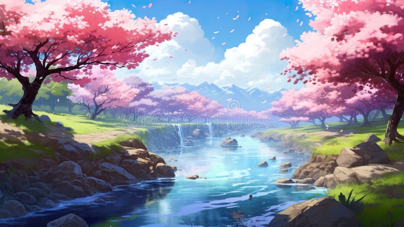 An Asian Inspired Flowing River with Cherry Trees, Anime Artwork Stock ...