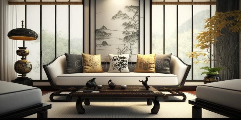 Asian Inspired Modern Living Room Interior Stock Illustration ...