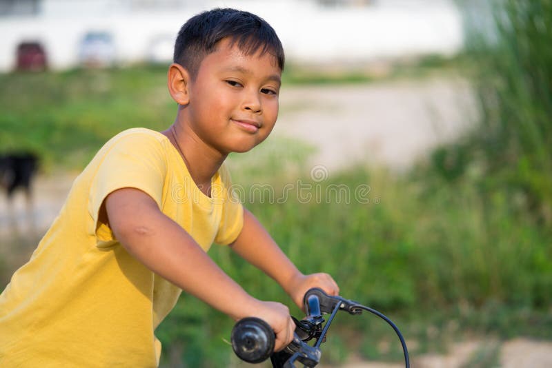 Asian Kid Boy Ride Bicycle in Nature Stock Image - Image of sport ...