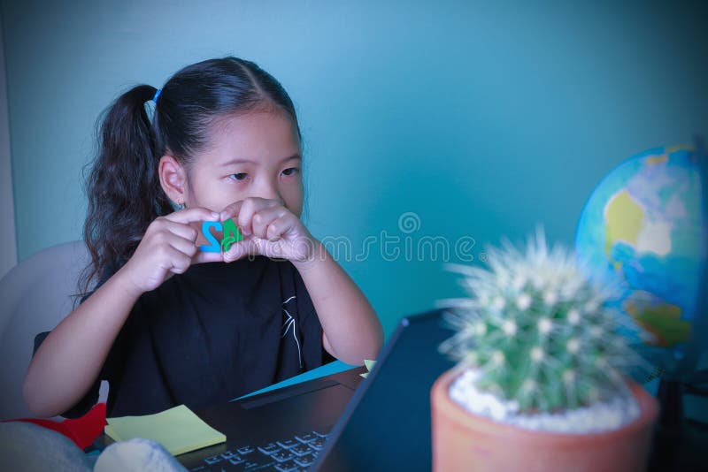 Asian Kid Girl Learning Education Mathematics Online Internet Studying ...