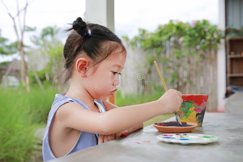 Asian Kid Girl Paint on Earthenware Dish Stock Photo - Image of intend ...