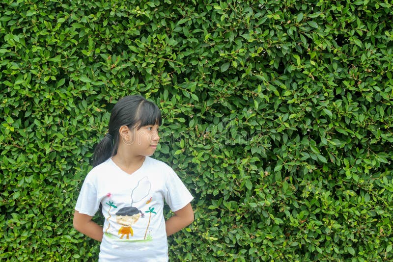 Asian Kid Girl Standing on Background of Tree Stock Image - Image of ...