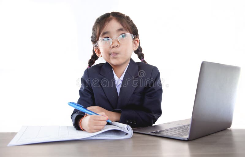 Asian Kid Learning from Online Class with Laptop on Table Stock Photo ...