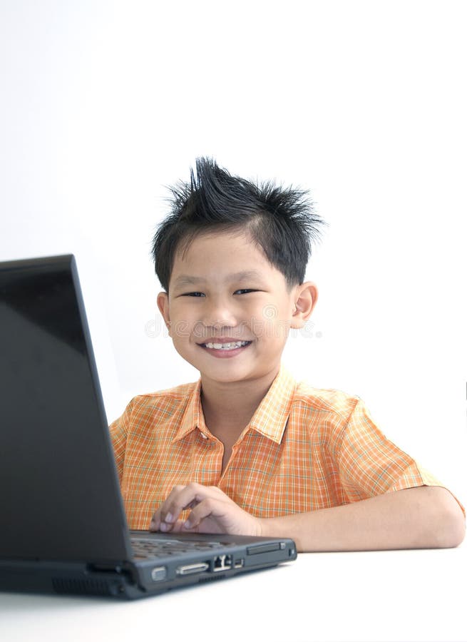 Asian Kid Smile Behind the Laptop Computer Stock Image - Image of ...