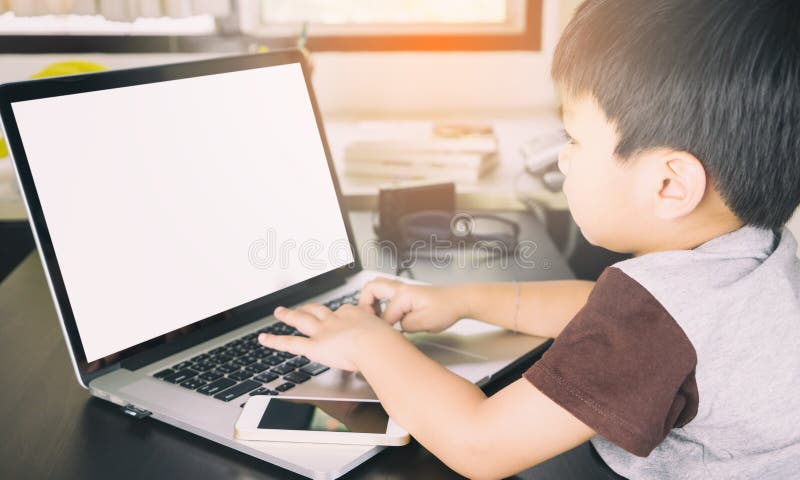 Asian Kid is Using a Laptop with Blank Screen Stock Image - Image of ...