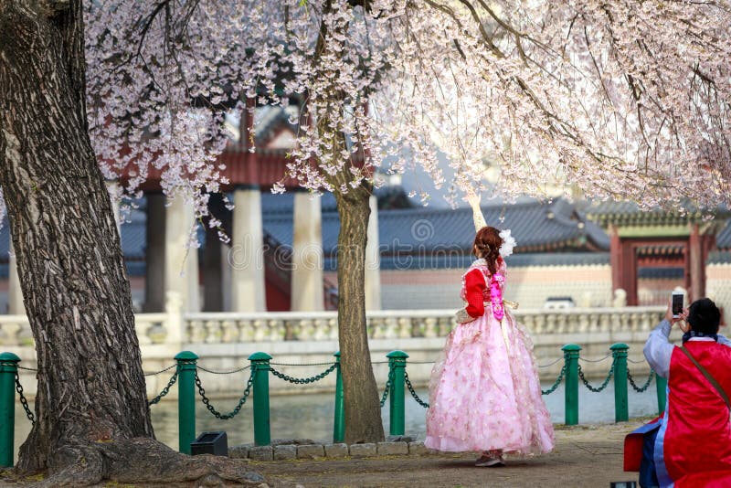 Asian Korean Woman Dressed Hanbok In Traditional Dress Walking I