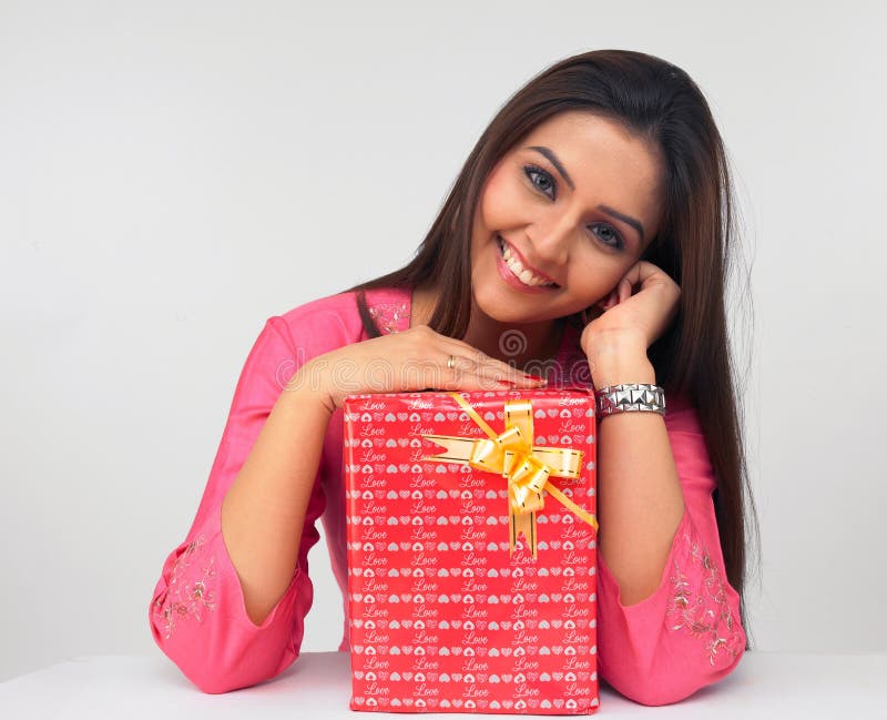 Asian lady with a gift box stock photo. Image of flowing - 6913680