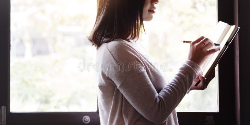 Asian Lady Writing Notebook Diary Concept Stock Image - Image of girl ...