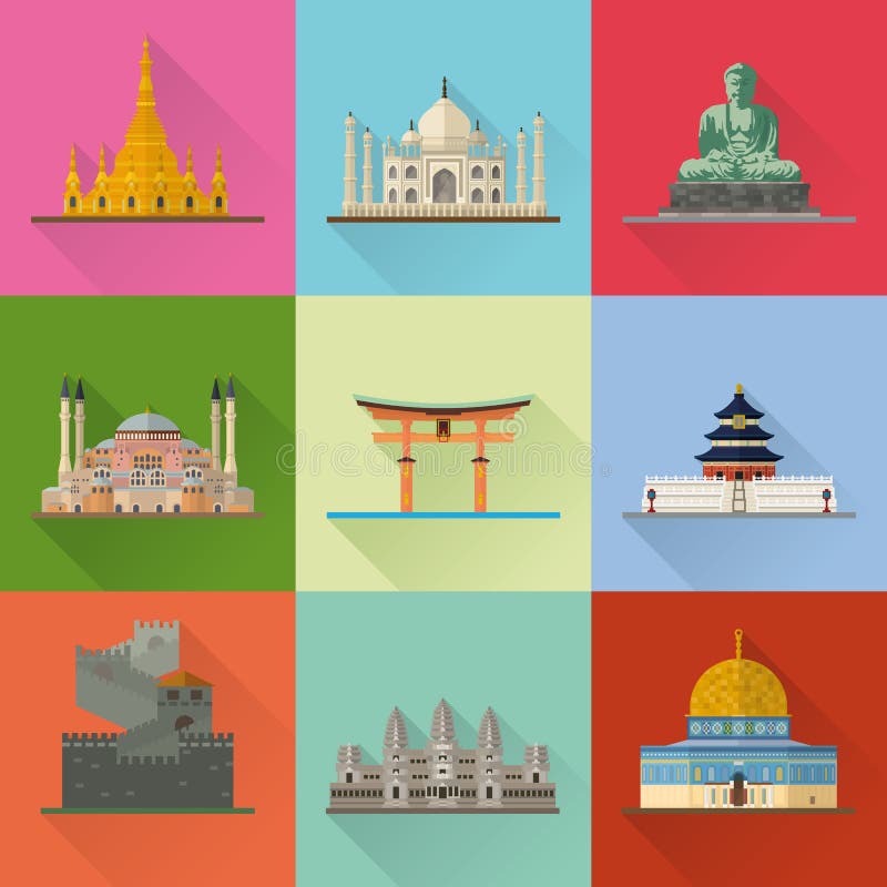 Asian Landmarks Flat Design Long Shadow Vector Illustration Stock ...