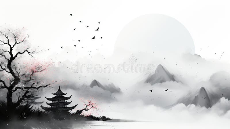 Asian Landscape Ink Illustration Style. Generative AI Stock ...