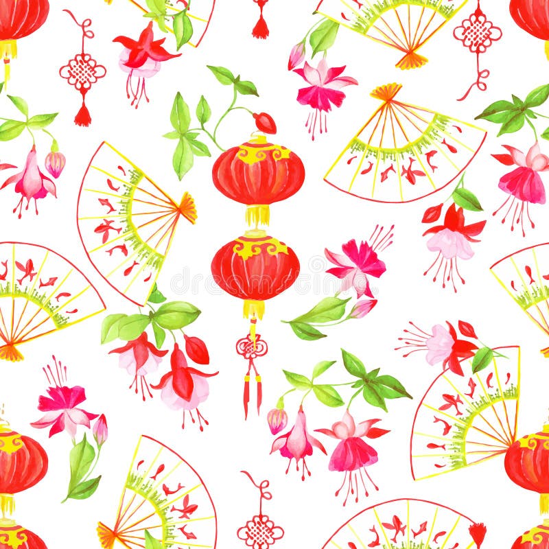 Asian Lanterns, Fuchsia and Fans Seamless Vector Pattern Stock Vector ...