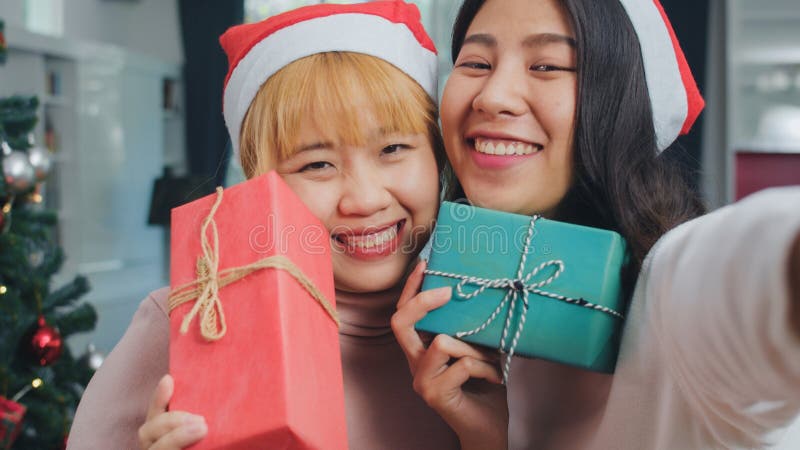 Asian Lesbian Couple Celebrate Christmas Festival Lgbtq Female Teen