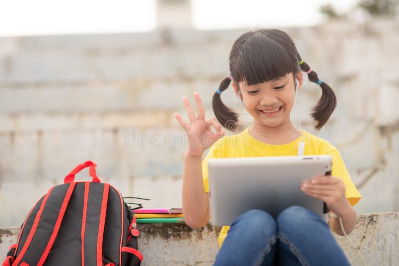 Asian Little Girl Taking Class on Line and Happy Stock Photo - Image of ...