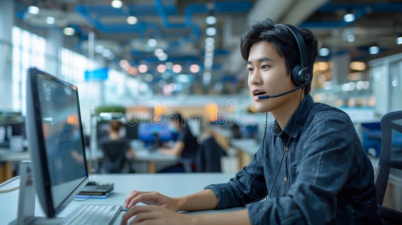 Asian Male Call Center Service Representative with Headset on, Men CS ...