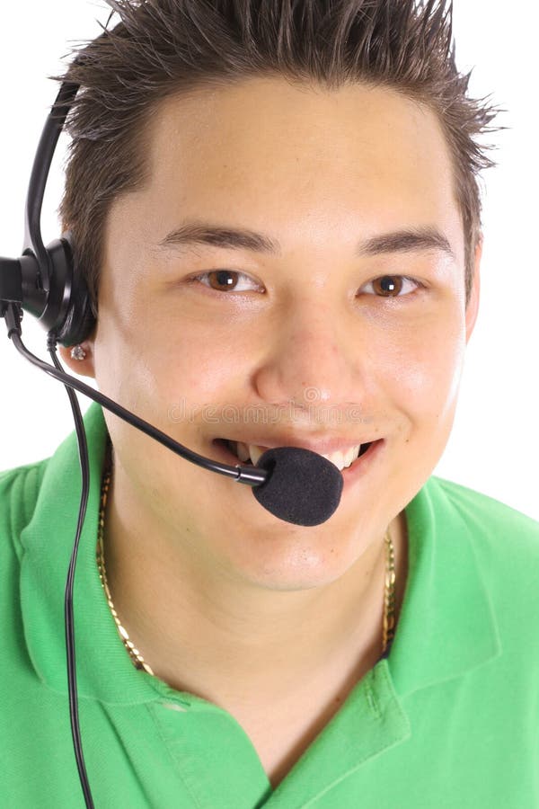 Smiling Asian Woman with Headphone As a Telemarketer, Operator, Call ...