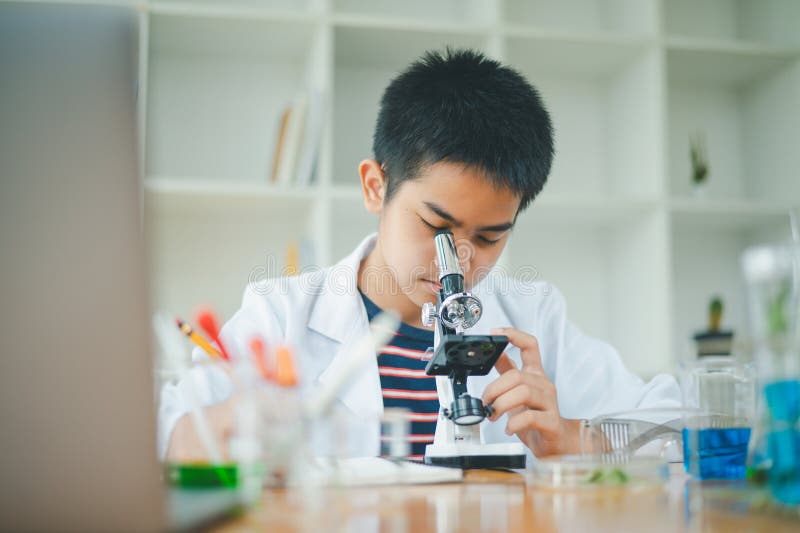 Asian Male Science Students Looking through a Microscope and Tests of ...