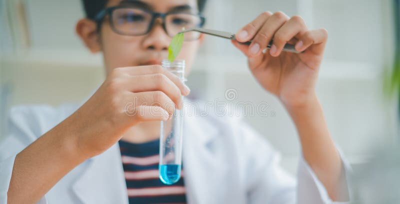 Asian Male Science Students Looking through a Microscope and Tests of ...