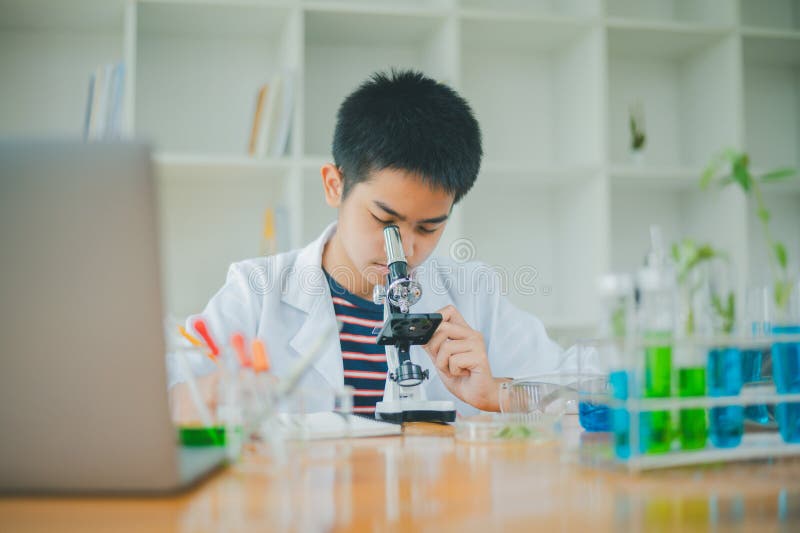 Asian Boy Learning and Studying the Work of Technology Robots ...