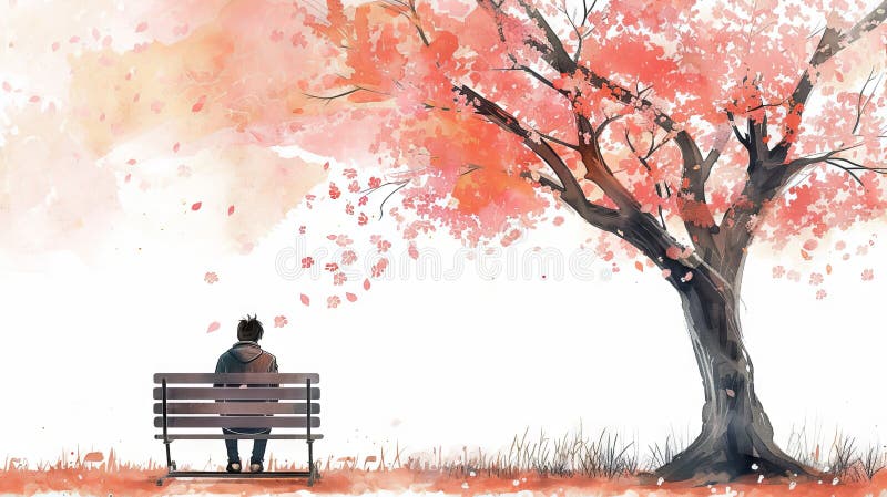 Asian Male Sitting on a Park Bench Surrounded by Watercolor Cherry ... Asian Male Sitting on a Park Bench Surrounded by Watercolor Cherry ...