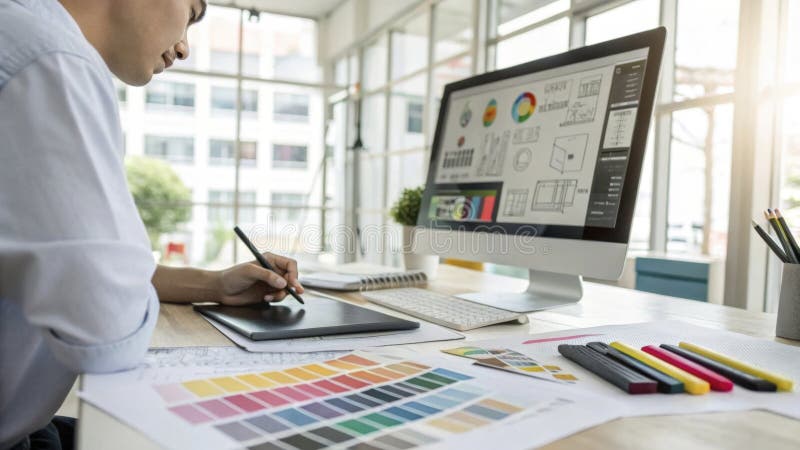 Asian Male Web Designer Working on a Project Using a Graphics Tablet ...