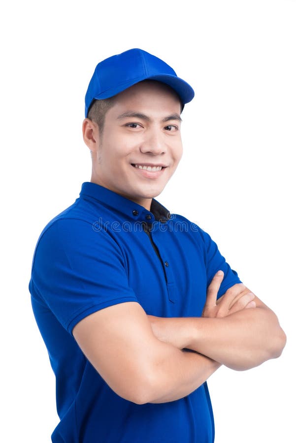 Asian Man in Blue Uniform. White Background. Stock Image - Image of ...