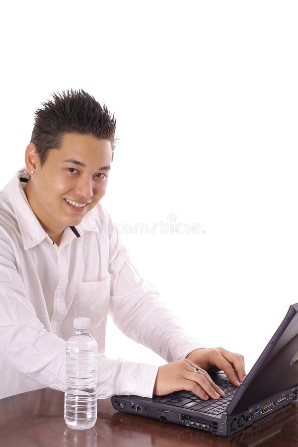 Asian Man with Bottled Water on Computer Stock Image - Image of blank ...