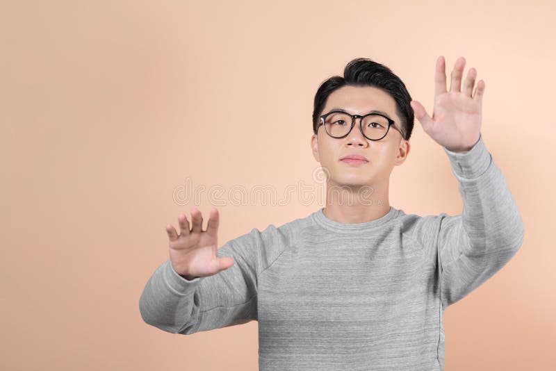 Asian Man with the Camera Facing the Palm, Touching an Interactive ...
