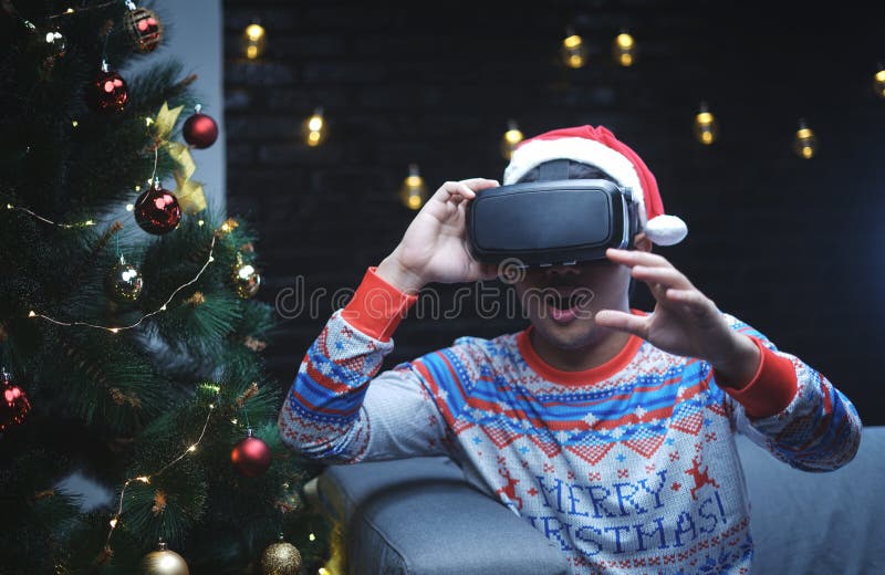 Asian Man with Christmas Costume Playing Virtual Reality Sitting Stock ...