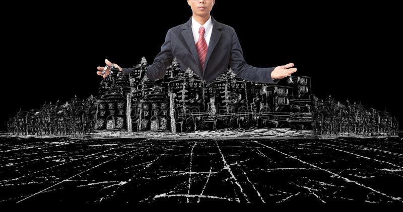 Asian Man and Drawing of Modern Building Construction on Black Stock ...