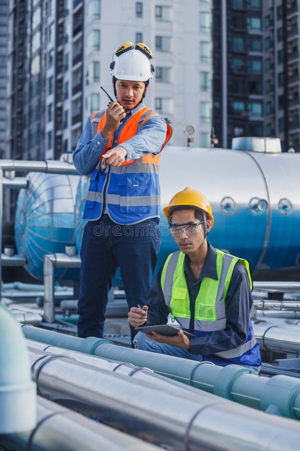 Asian Man Engineer Holding Tablet Working at Rooftop Building ...