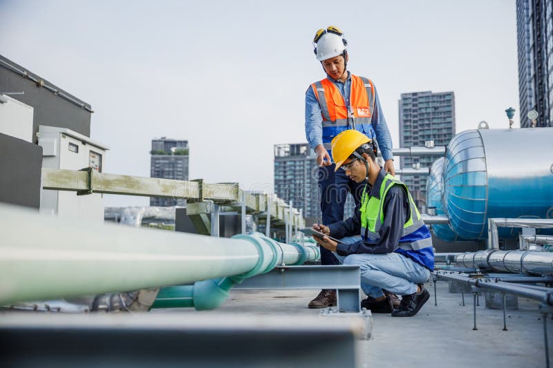 Asian Man Engineer Holding Tablet Working at Rooftop Building ...