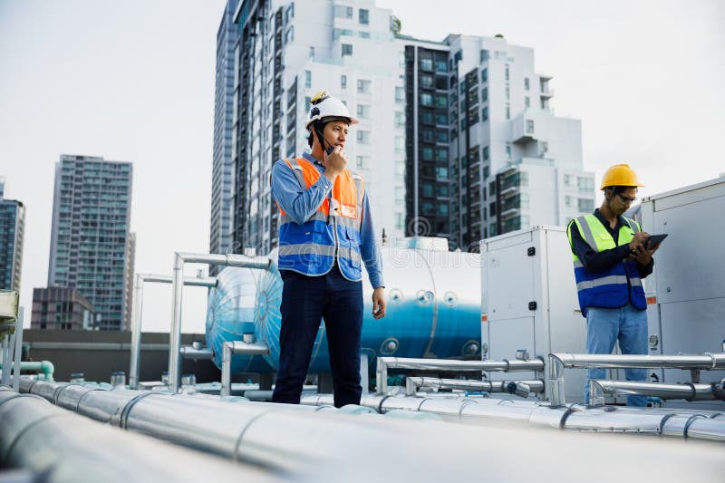 Asian Man Engineer Using Talkie Walkie Report Working at Rooftop ...