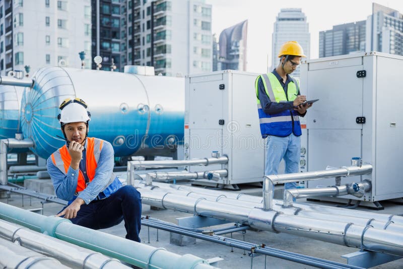 Asian Man Engineer Using Talkie Walkie Report Working at Rooftop ...
