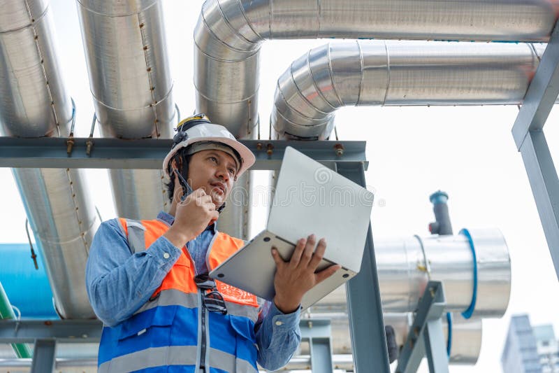 Asian Man Engineer Using Talkie Walkie Report Working at Rooftop Building Construction ...