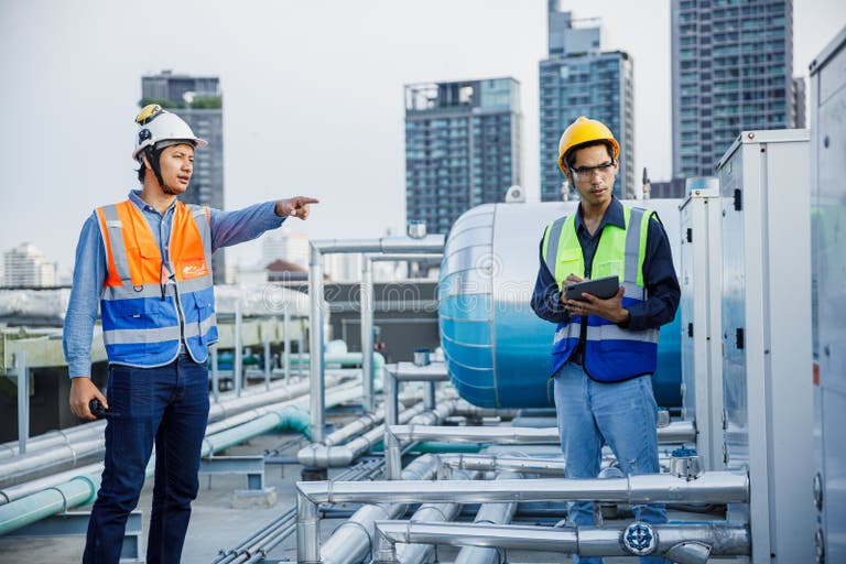Asian Man Engineer Working at Rooftop Building Construction Site ...