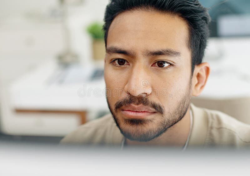 Asian Man, Face Thinking and Idea with Computer, Planning and ...