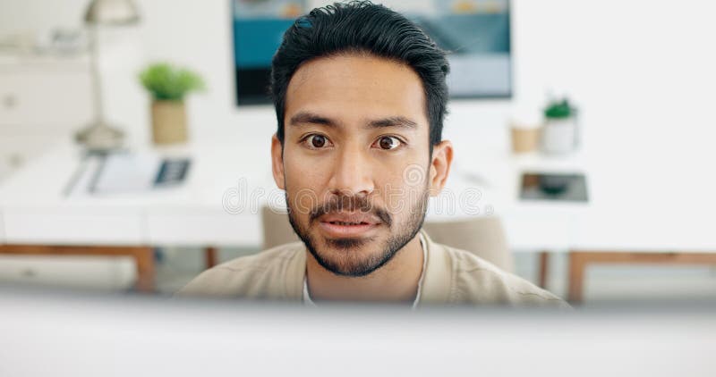 Asian Man, Face Thinking and Idea with Computer, Planning and ...