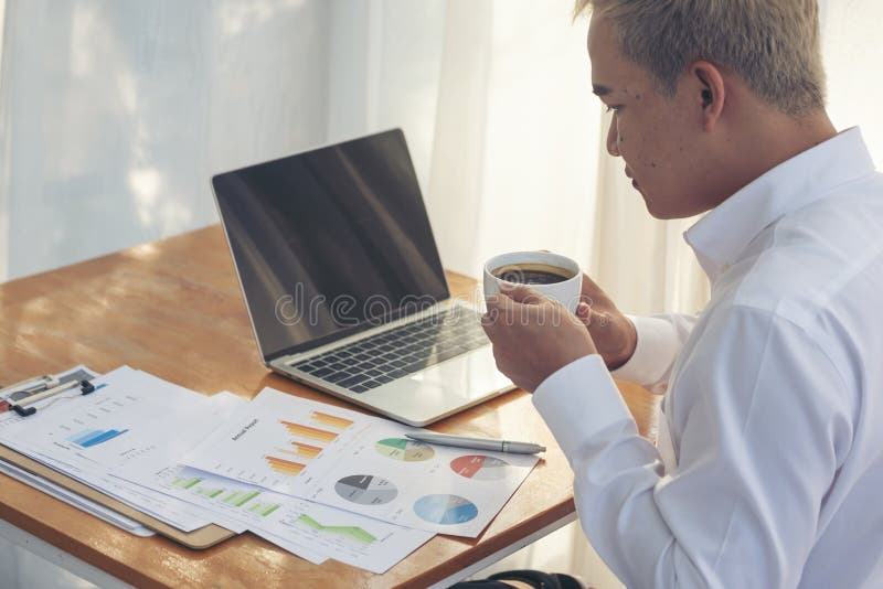 Asian Businessman Type Keyboard Write Financial Graph Chart Planning ...