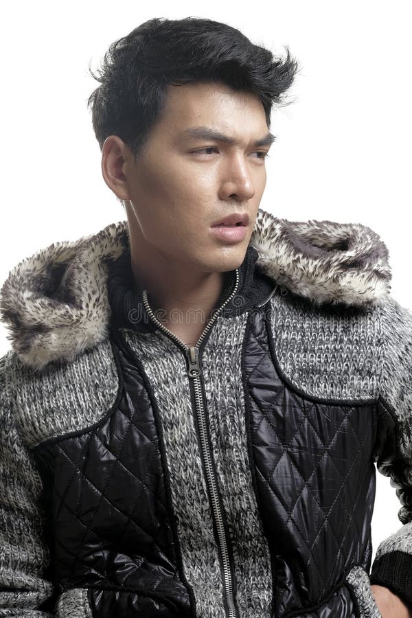Asian Man in Fur and Yarn Texture Jacket Stock Image - Image of casual ...